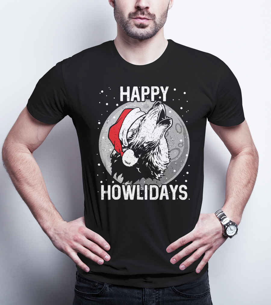Happy Howlidays Christmas Wolf Santa Hat Moon T-Shirt