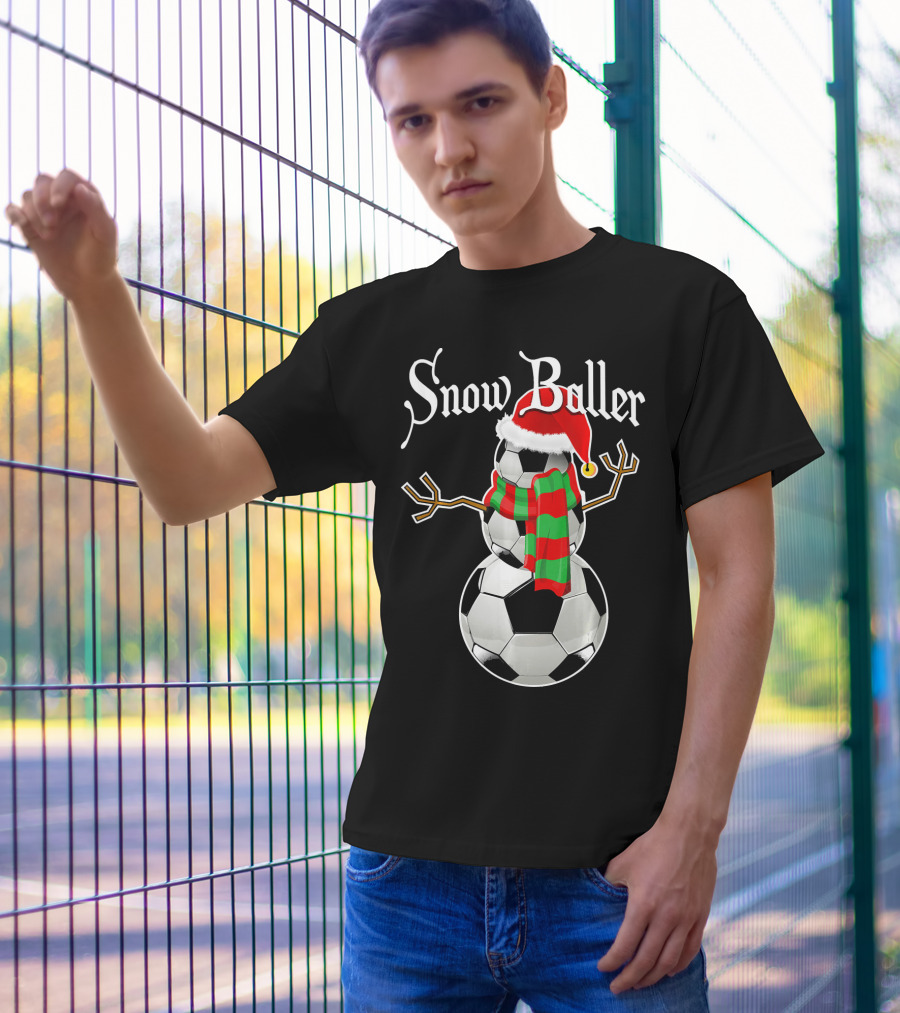 Snow Baller Soccer Christmas Snowman Santa Hat Soccer Balls T-Shirt