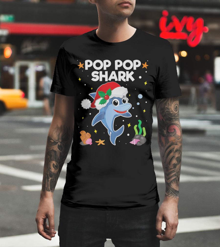Pop Pop Shark Santa Christmas Grandpa Grandma Ocean T-Shirt
