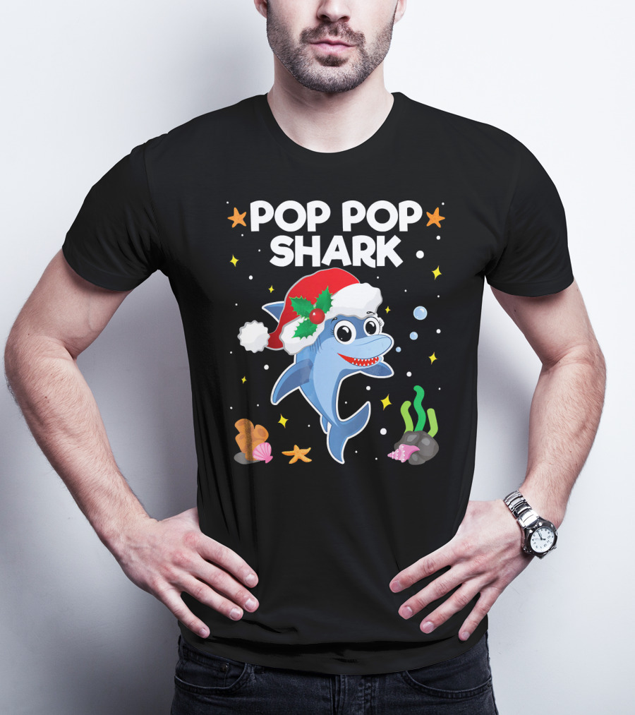 Pop Pop Shark Santa Christmas Grandpa Grandma Ocean T-Shirt