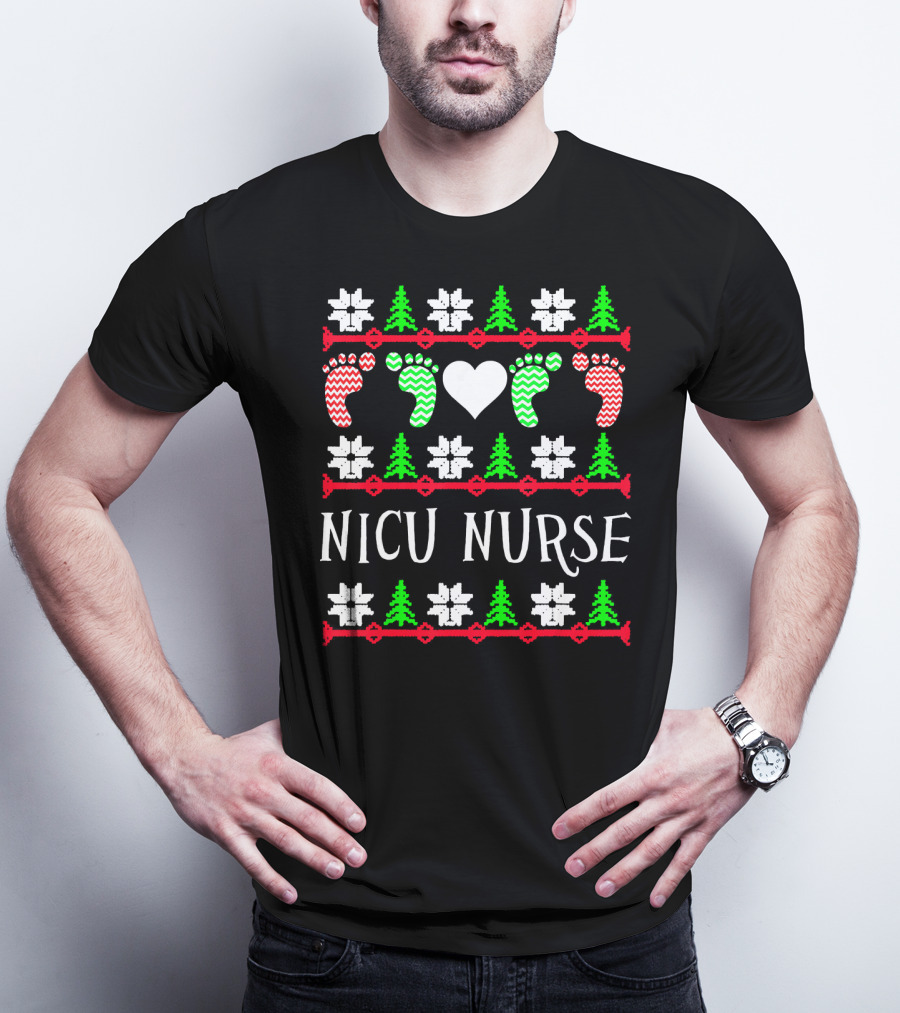 NICU Nurse Christmas Baby Feet Heart Trees T-Shirt
