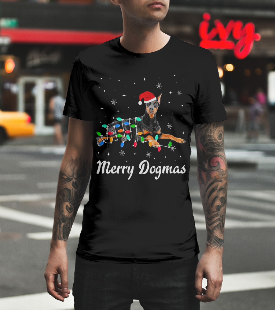 Merry Dogmas Christmas Doberman With Santa Hat And Festive Lights T-Shirt
