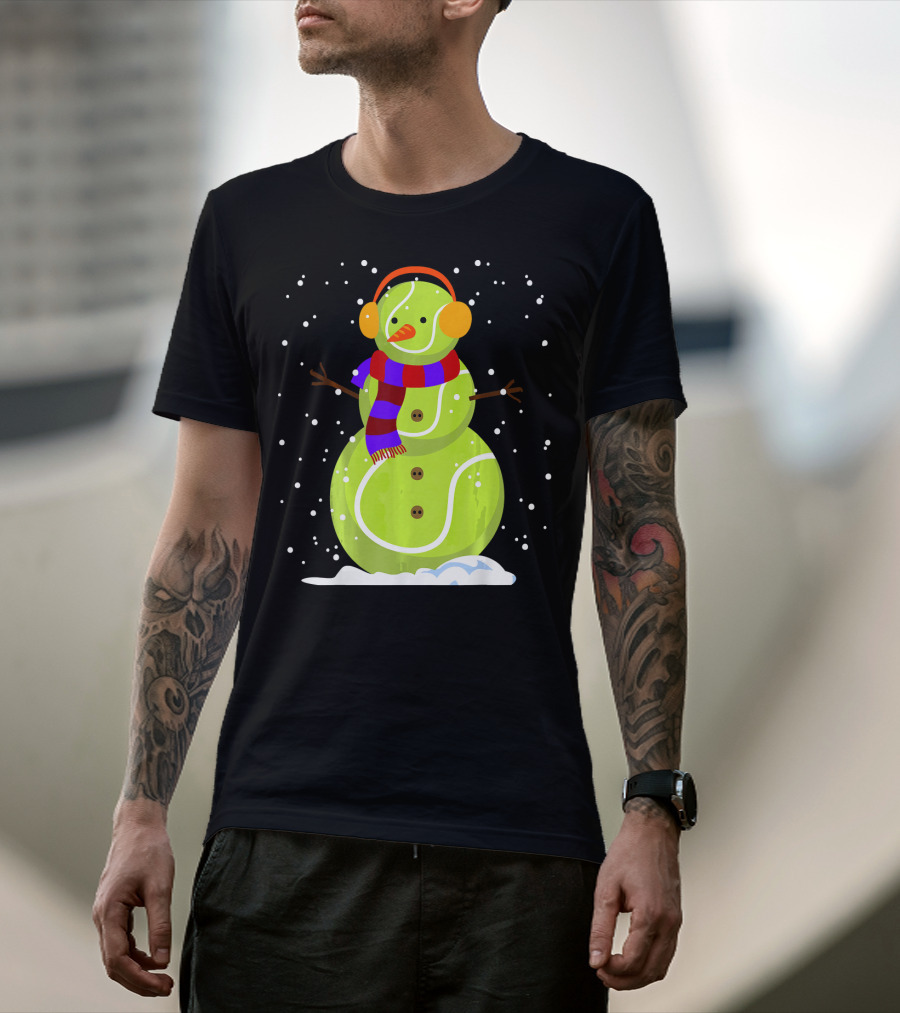 Dabbing Tennis Ball Snowman With Scarf And Earmuffs T-Shirt