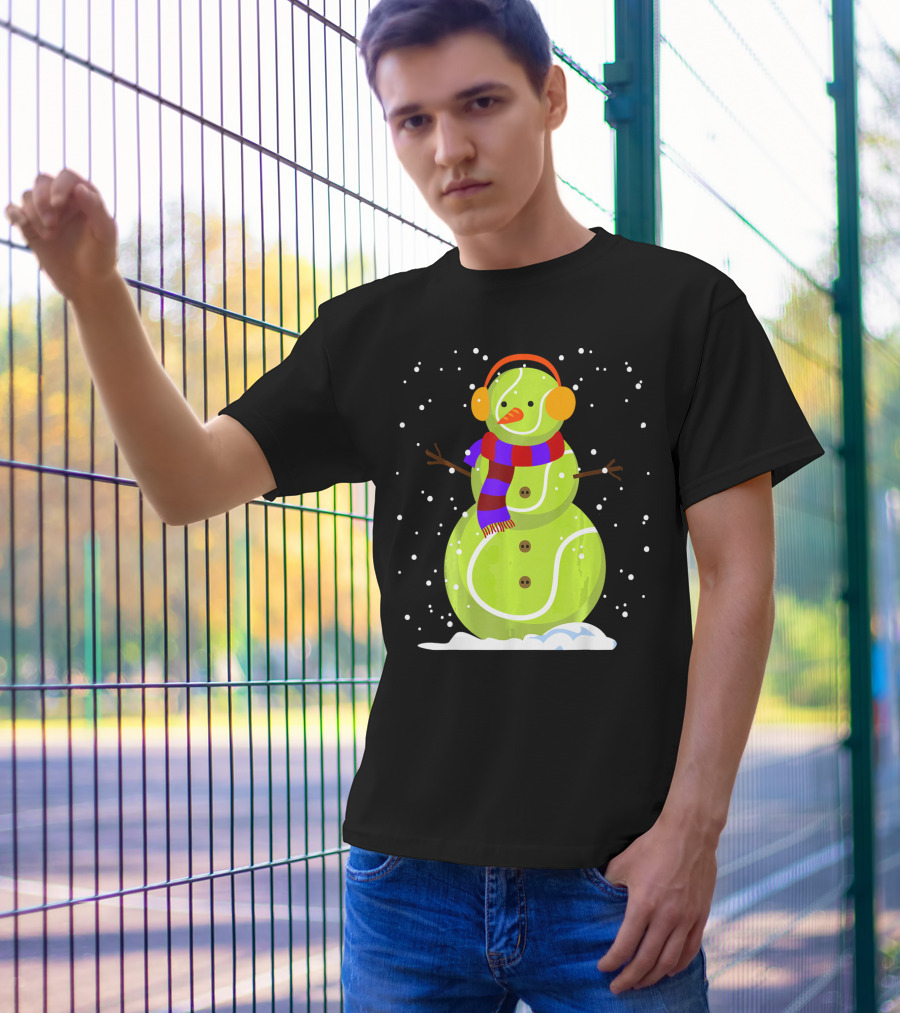 Dabbing Tennis Ball Snowman With Scarf And Earmuffs T-Shirt