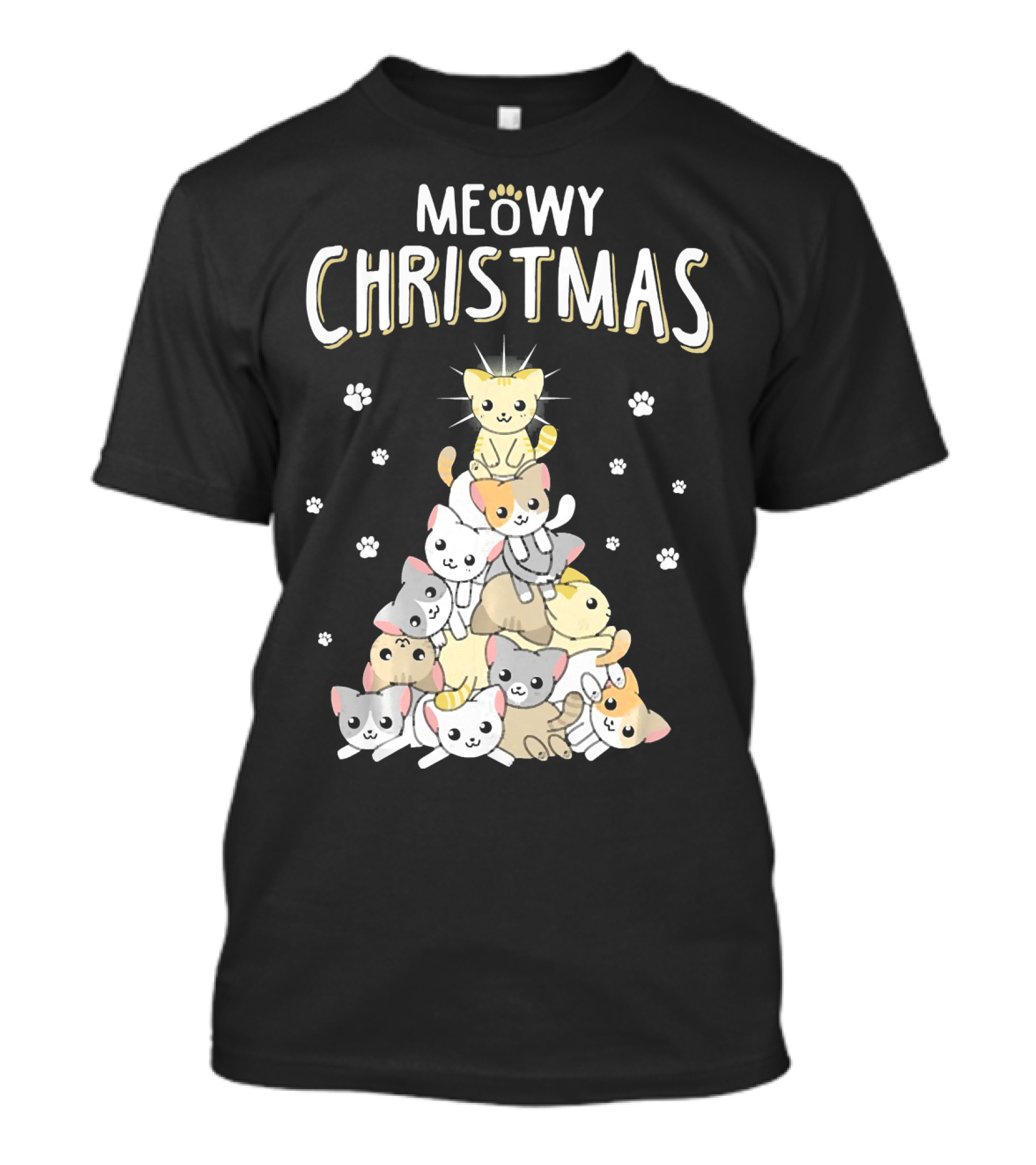 Meowy Christmas Cats Tree With Cute Paw Prints T-Shirt