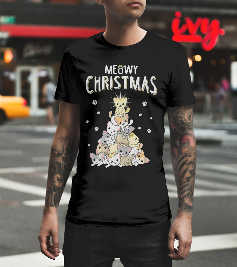 Meowy Christmas Cats Tree With Cute Paw Prints T-Shirt