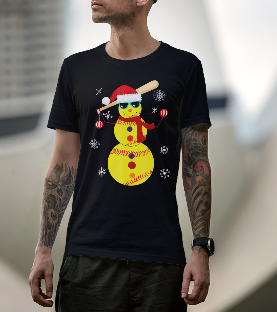 Christmas Softball Snowman With Bat And Santa Hat T-Shirt