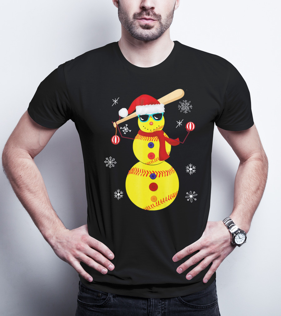 Christmas Softball Snowman With Bat And Santa Hat T-Shirt