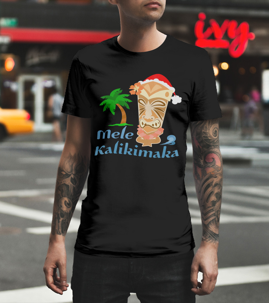 Mele Kalikimaka Hawaiian Christmas Tiki With Palm Tree And Santa Hat T-Shirt