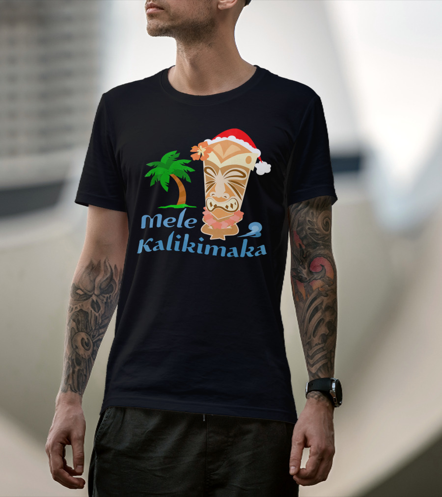 Mele Kalikimaka Hawaiian Christmas Tiki With Palm Tree And Santa Hat T-Shirt