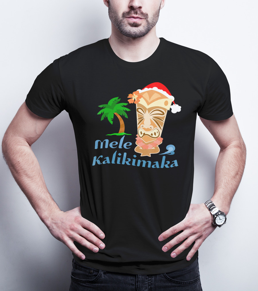 Mele Kalikimaka Hawaiian Christmas Tiki With Palm Tree And Santa Hat T-Shirt