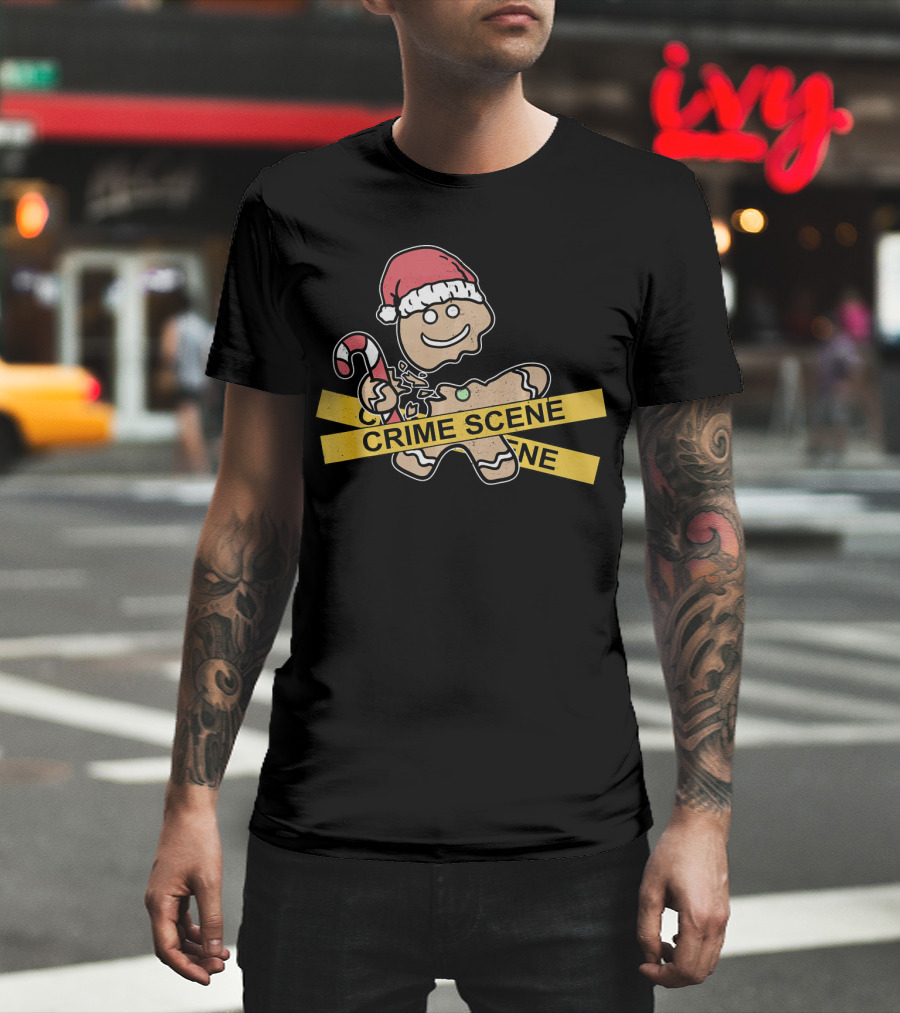 Gingerbread Cookie Crime Scene Santa Hat Candy Cane Christmas T-Shirt