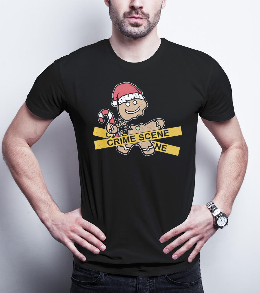 Gingerbread Cookie Crime Scene Santa Hat Candy Cane Christmas T-Shirt