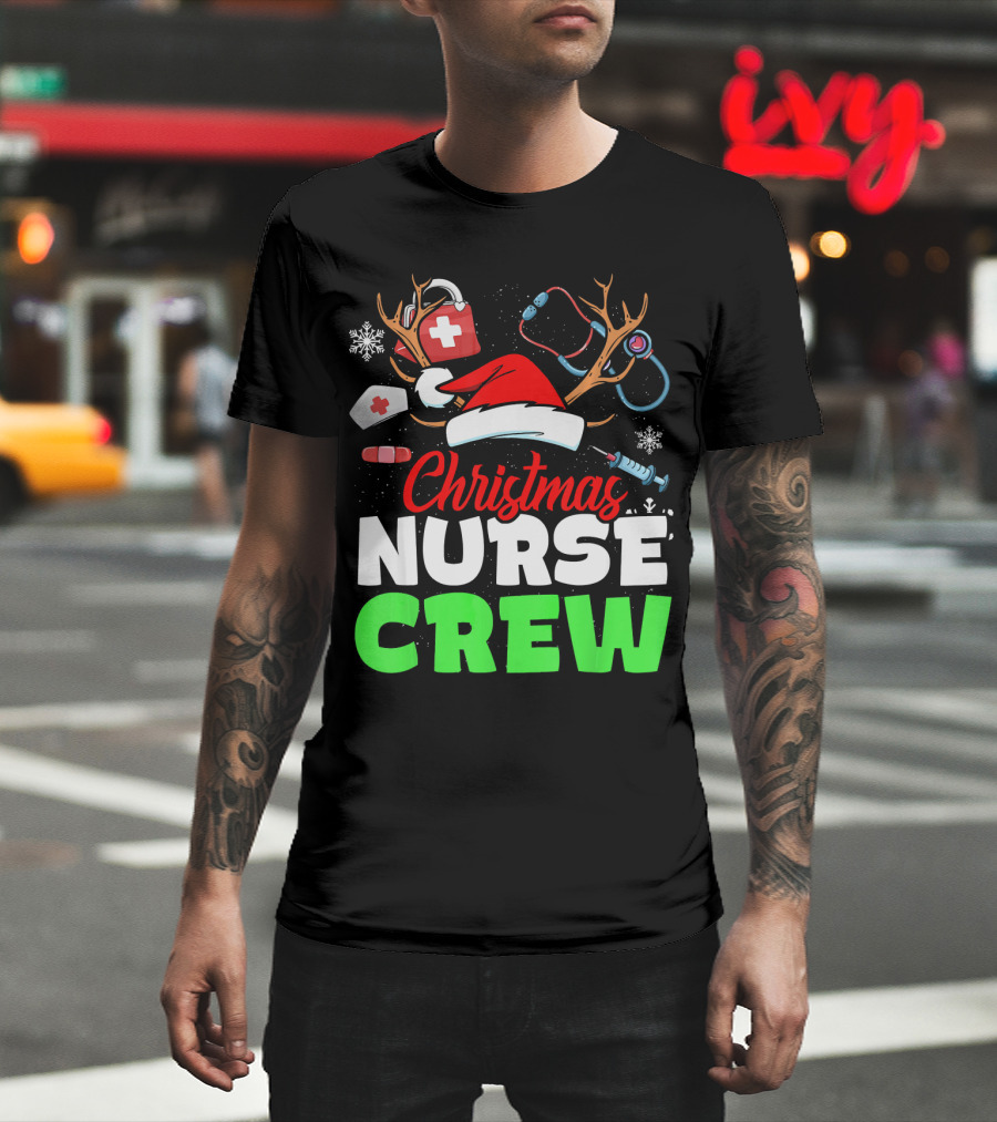 Christmas Nurse Crew Reindeer Antlers Stethoscope Santa Hat Snowflakes T-Shirt
