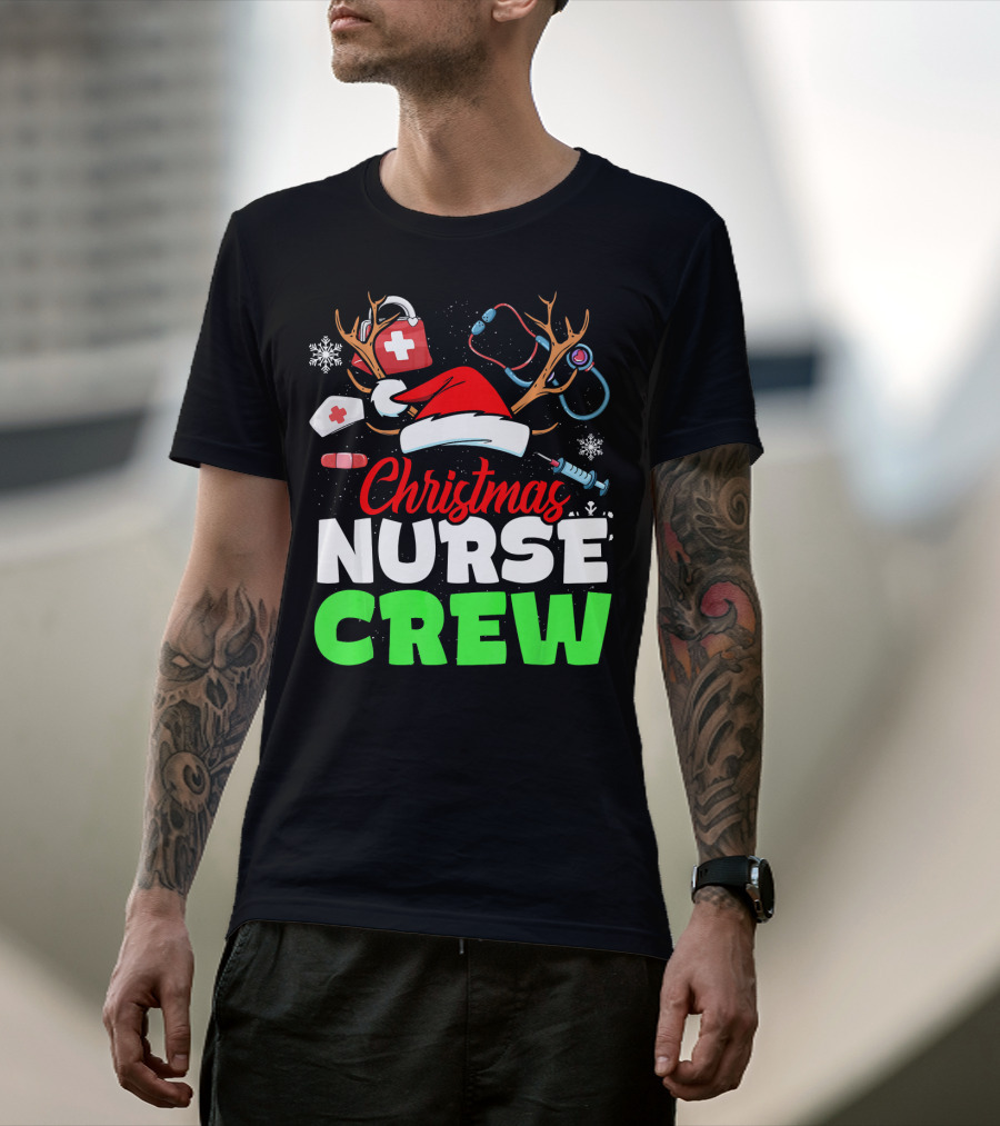 Christmas Nurse Crew Reindeer Antlers Stethoscope Santa Hat Snowflakes T-Shirt
