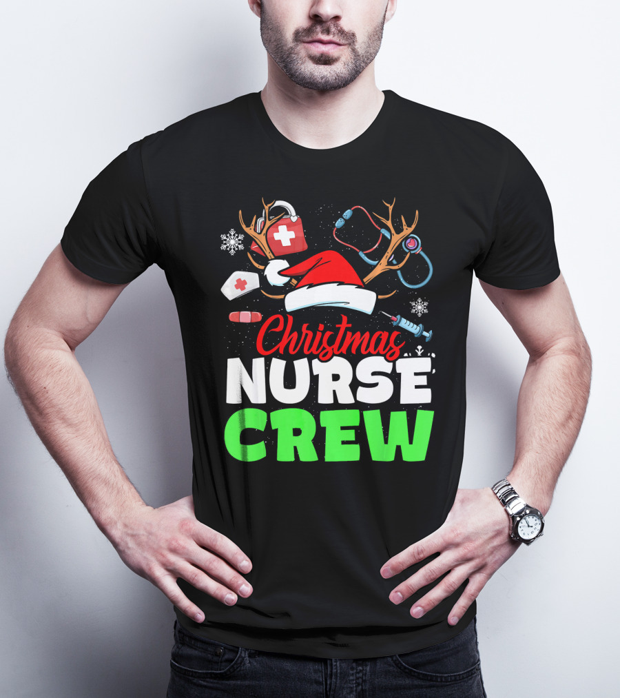 Christmas Nurse Crew Reindeer Antlers Stethoscope Santa Hat Snowflakes T-Shirt