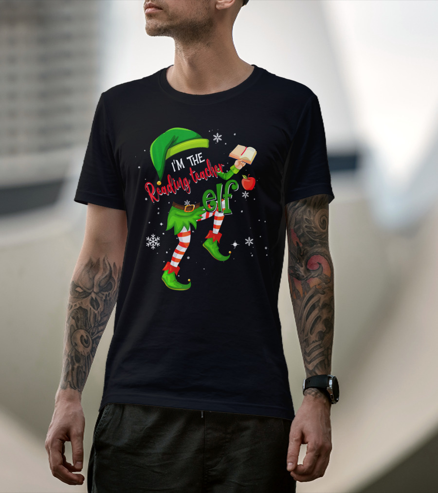 I'm The Reading Teacher Elf Holding Book Apple Wearing Elf Outfit Snowflakes T-Shirt