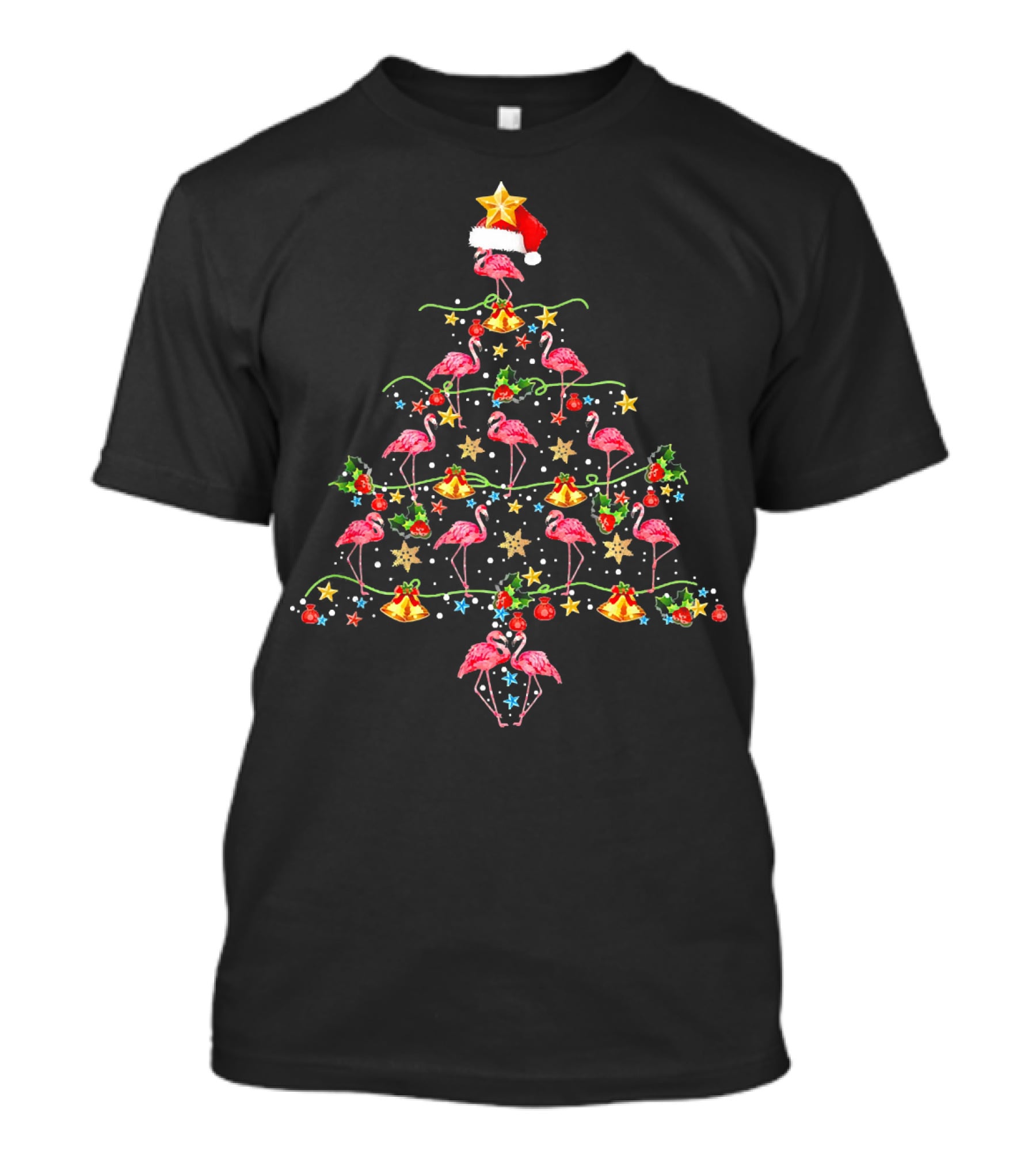 Flamingo Christmas Tree With Santa Hat And Decorations T-Shirt