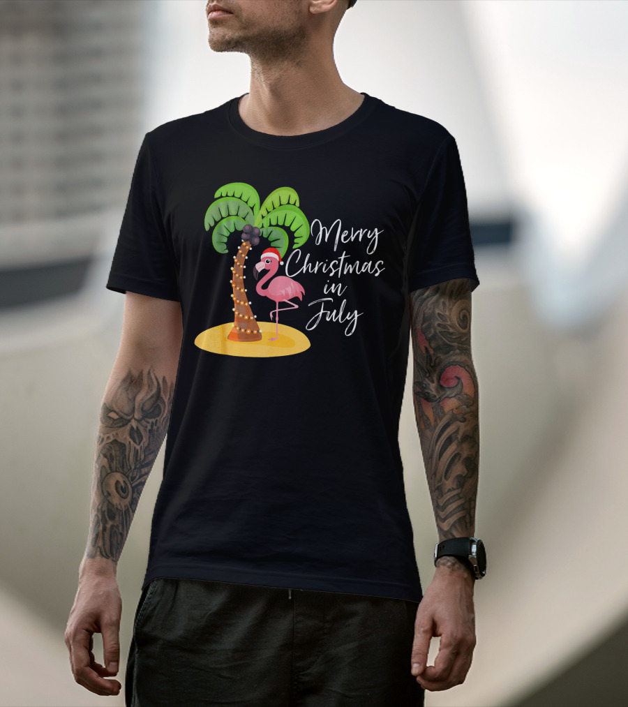 Merry Christmas In July Flamingo And Palm Tree T-Shirt