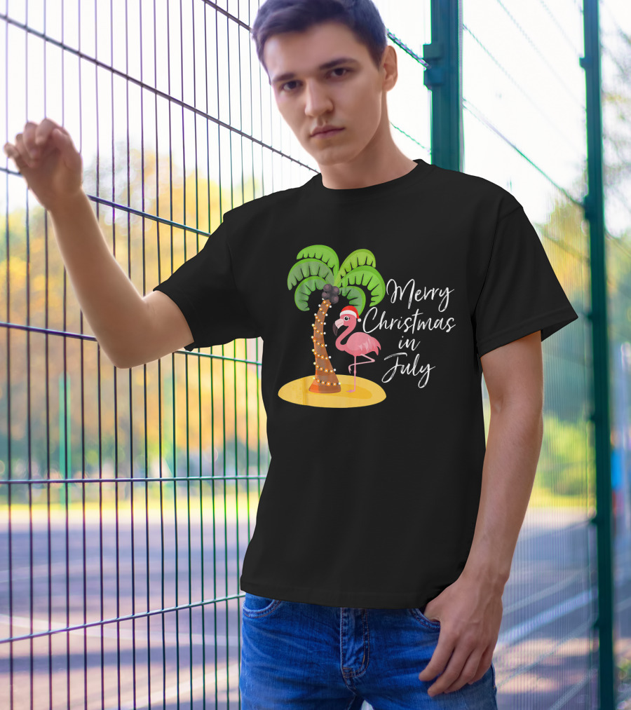 Merry Christmas In July Flamingo And Palm Tree T-Shirt