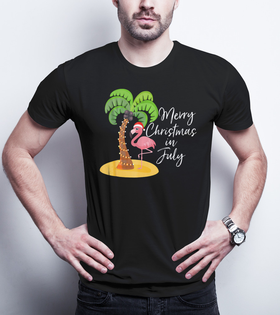 Merry Christmas In July Flamingo And Palm Tree T-Shirt