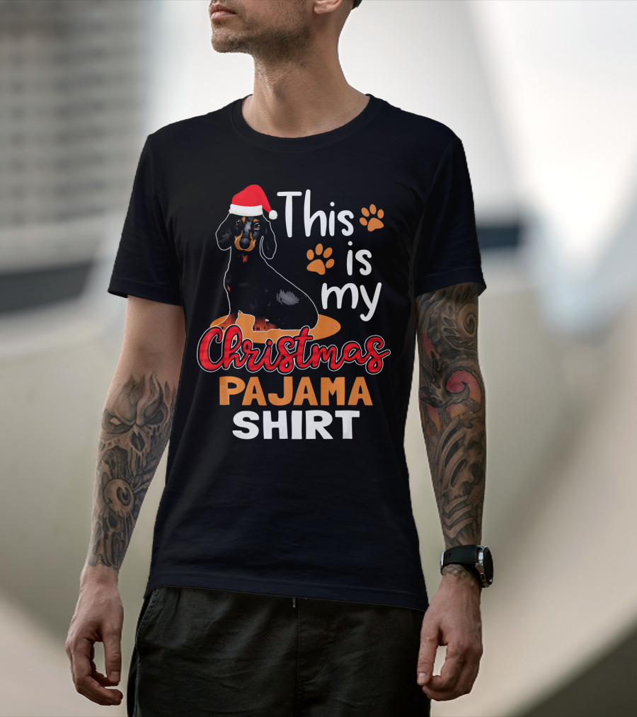 This Is My Christmas Pajama Shirt Dachshund Santa Hat Paw Prints T-Shirt