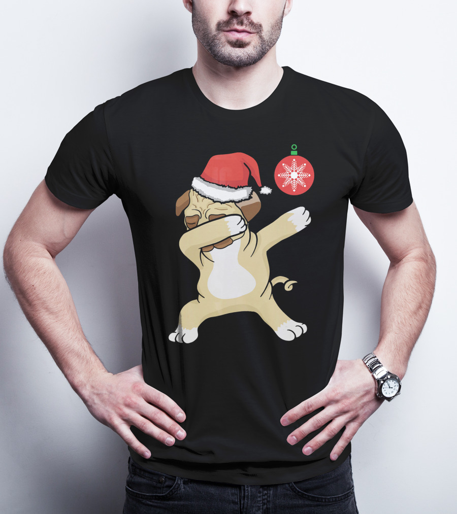 Christmas Pug Dabbing With Santa Hat And Red T-Shirt