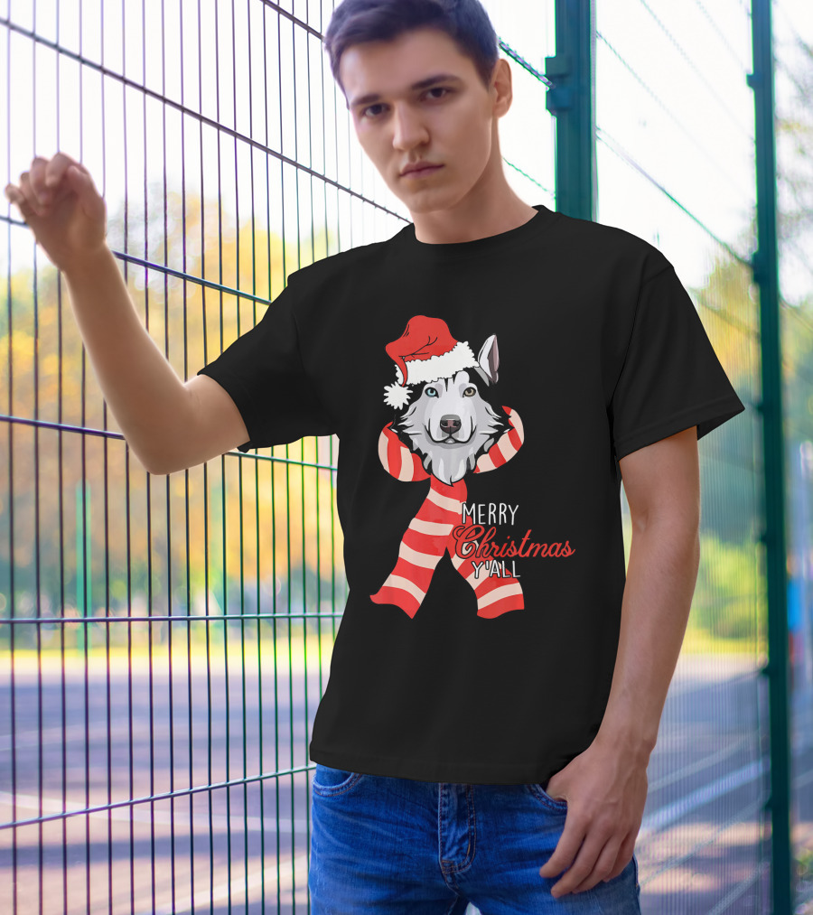 Merry Christmas Y'all Husky Dog In Santa Hat And Scarf T-Shirt