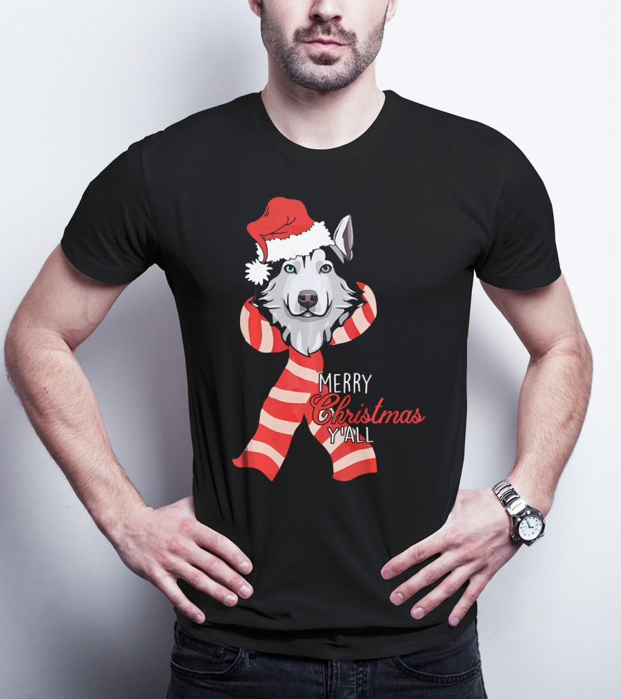 Merry Christmas Y'all Husky Dog In Santa Hat And Scarf T-Shirt