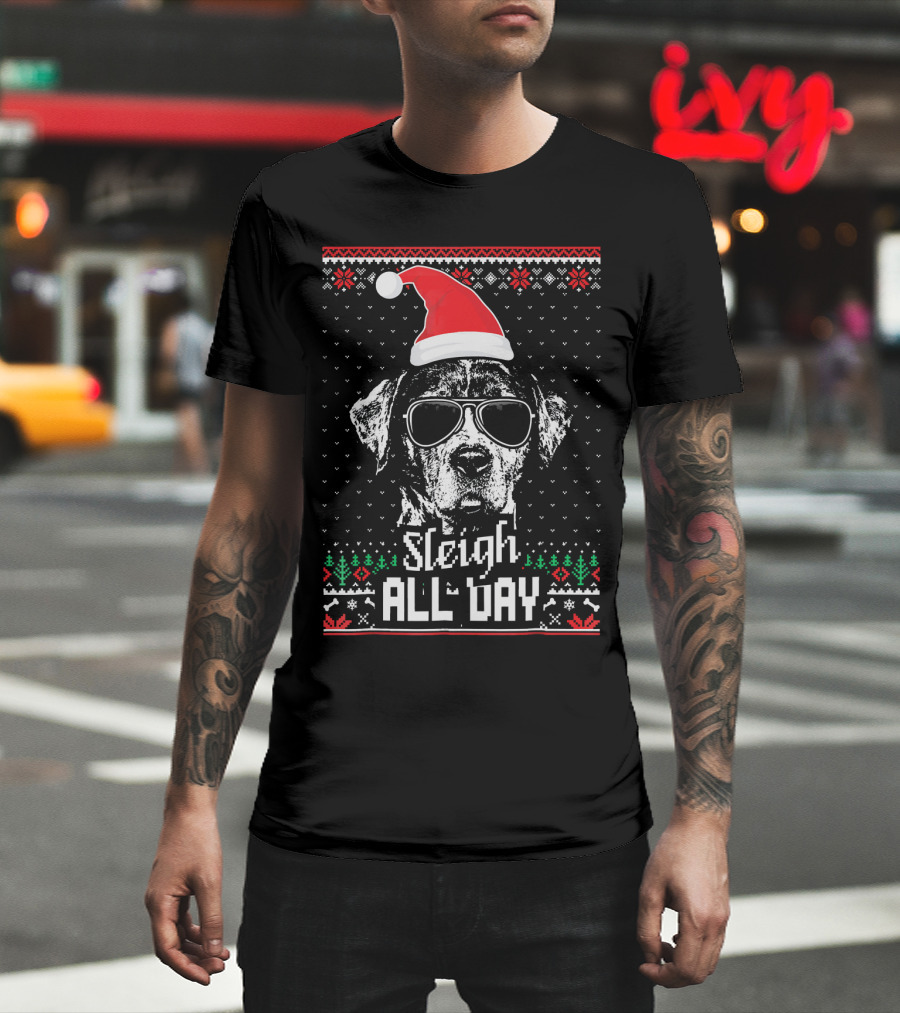 Sleigh All Day Funny Catahoula Cur Christmas Dog With Santa Hat And Sunglasses T-Shirt