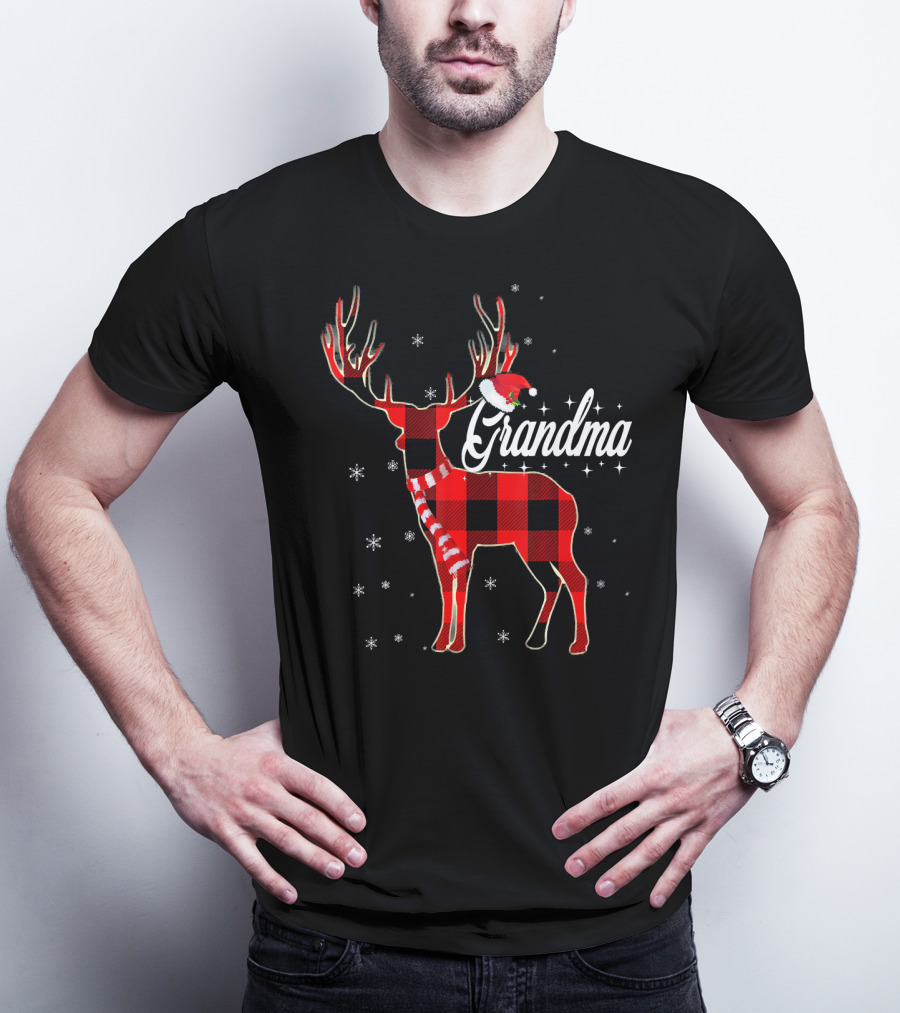 Grandma Reindeer Plaid With Santa Hat And Snowflakes T-Shirt