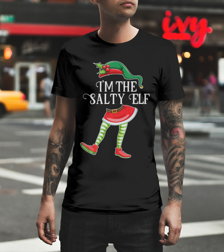 I'M THE SALTY ELF Christmas Hat And Striped Legs With Red Shoes T-Shirt