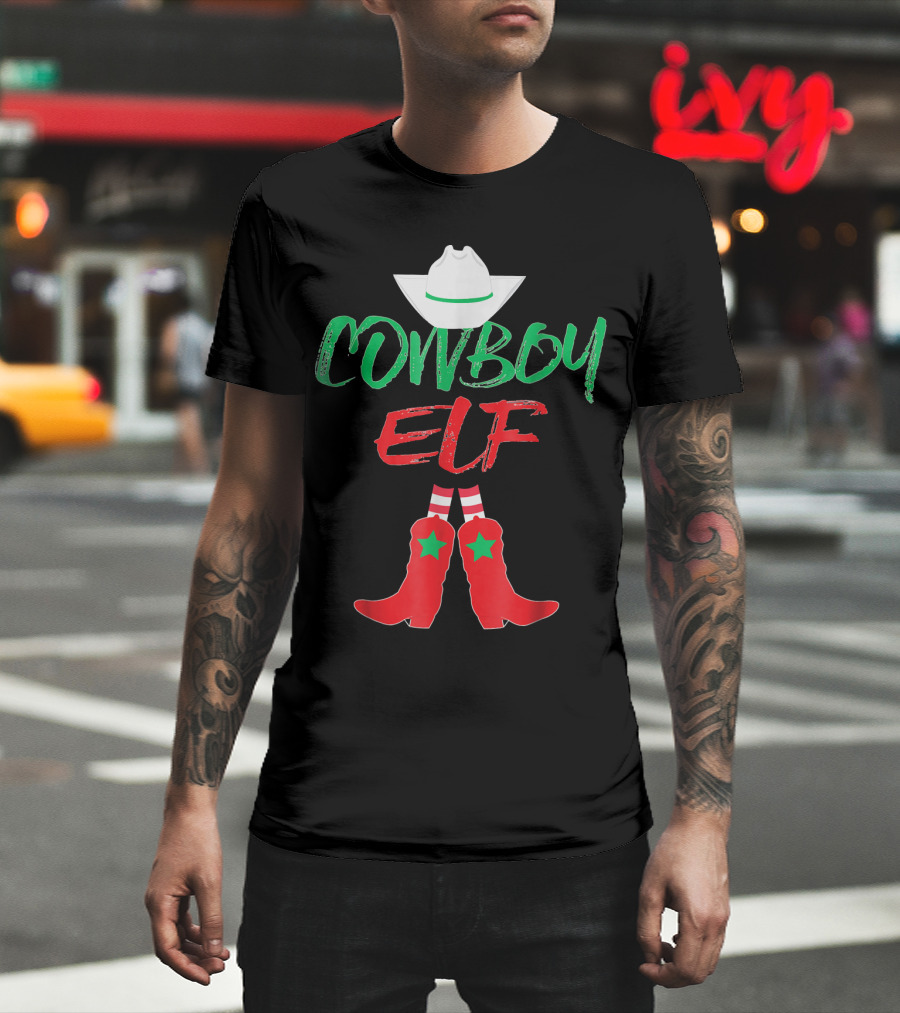 Cowboy Elf Christmas Hat Boots Men's Funny Holiday T-Shirt