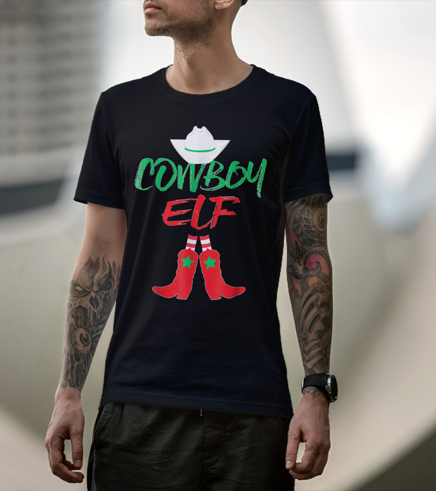 Cowboy Elf Christmas Hat Boots Men's Funny Holiday T-Shirt