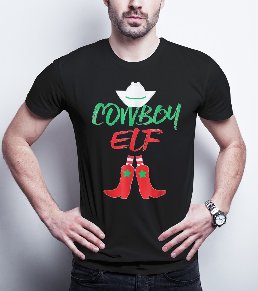 Cowboy Elf Christmas Hat Boots Men's Funny Holiday T-Shirt