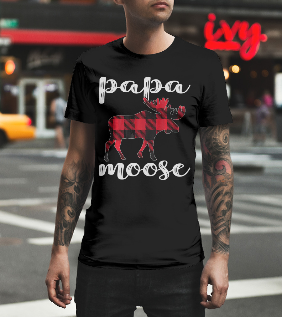 Papa Moose Matching Family Christmas Clo Buffalo Plaid Moose T-Shirt