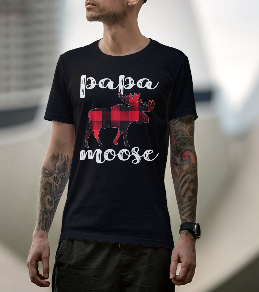 Papa Moose Matching Family Christmas Clo Buffalo Plaid Moose T-Shirt