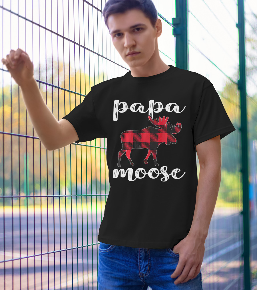 Papa Moose Matching Family Christmas Clo Buffalo Plaid Moose T-Shirt