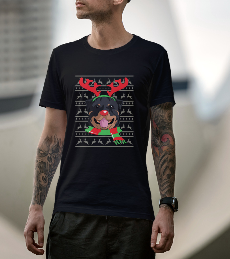 Rottweiler With Reindeer Antlers And Festive Scarf Christmas T-Shirt