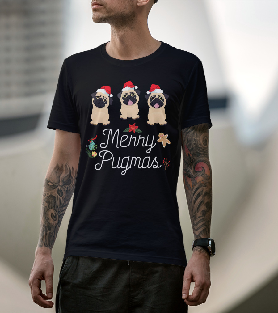 Merry Pugmas Christmas Pugs With Santa Hats And Holiday Decorations T-Shirt