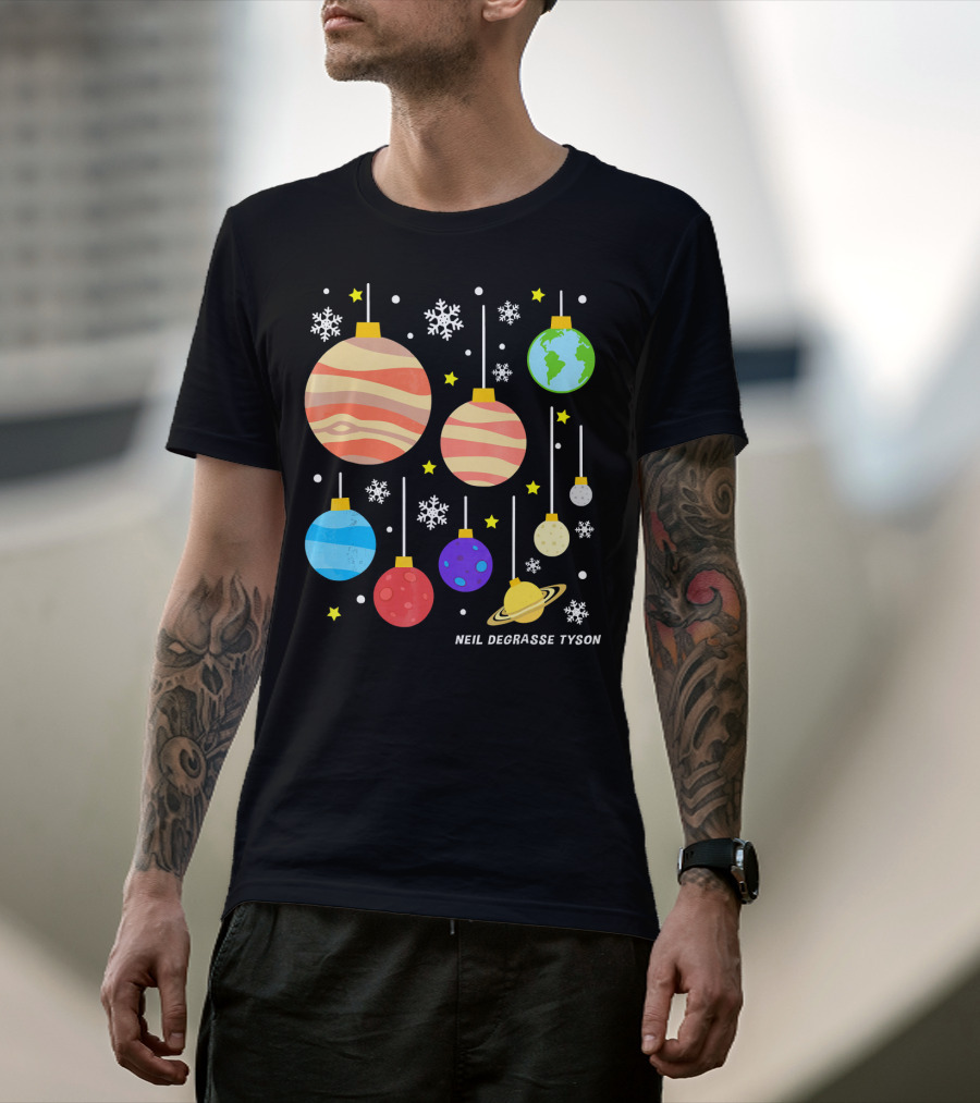 Neil DeGrasse Tyson Planets Hanging Ornaments Snowflakes Stars T-Shirt
