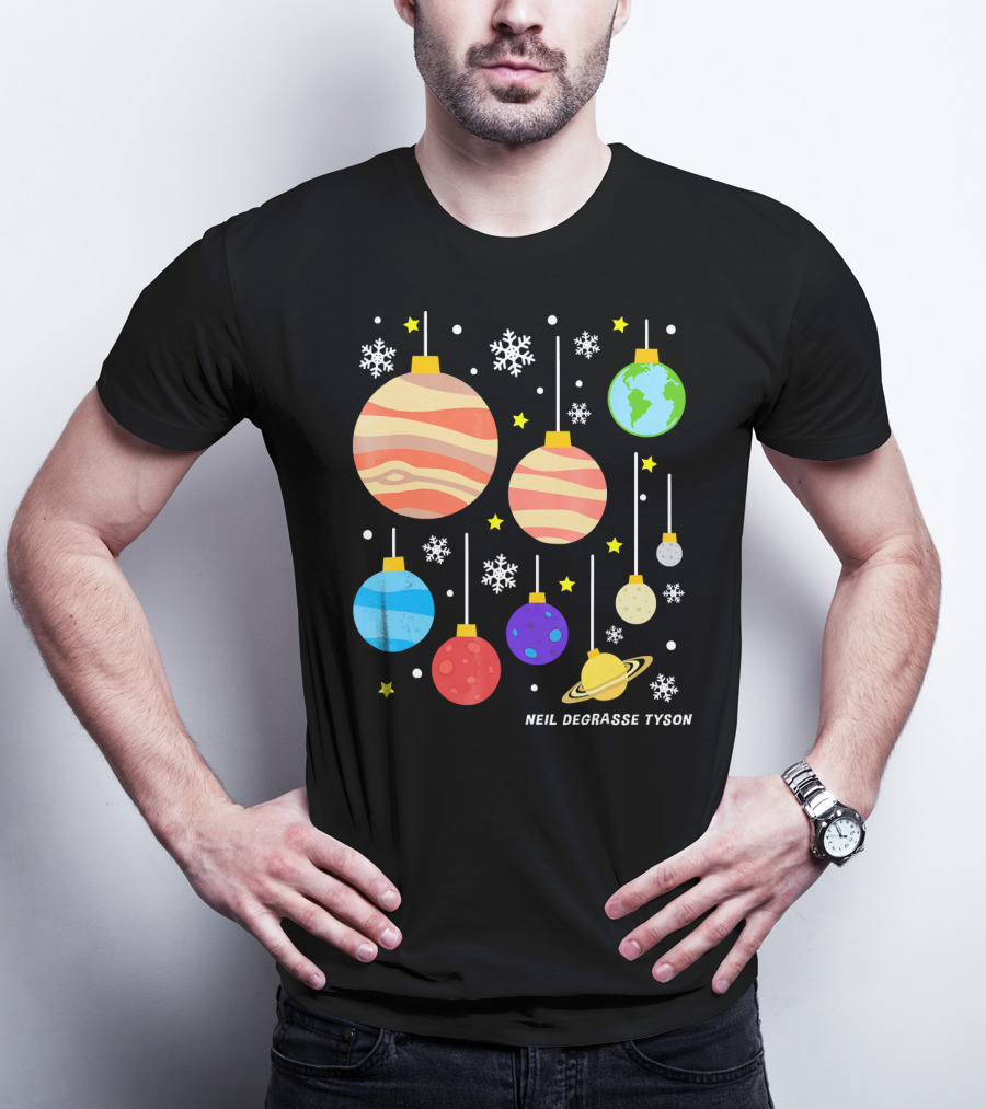 Neil DeGrasse Tyson Planets Hanging Ornaments Snowflakes Stars T-Shirt