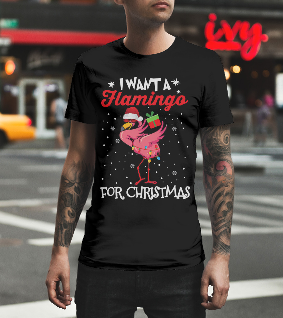 I Want A Flamingo For Christmas Santa Hat Lights Snowflakes Gift Box T-Shirt