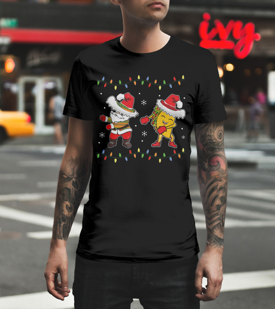 Santa And Taco Flossing In Sombrero Christmas T-Shirt