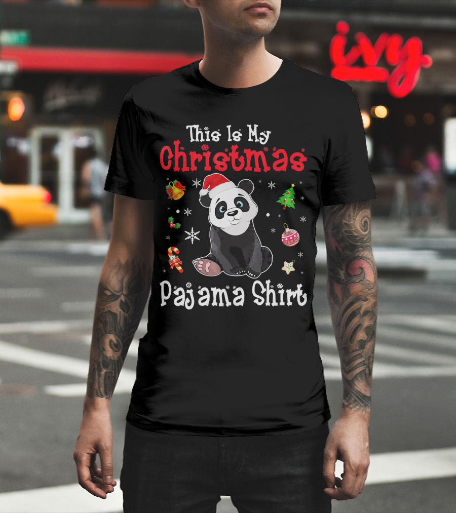 This Is My Christmas Pajama Shirt Panda Santa Hat Snowflakes Ornaments T-Shirt