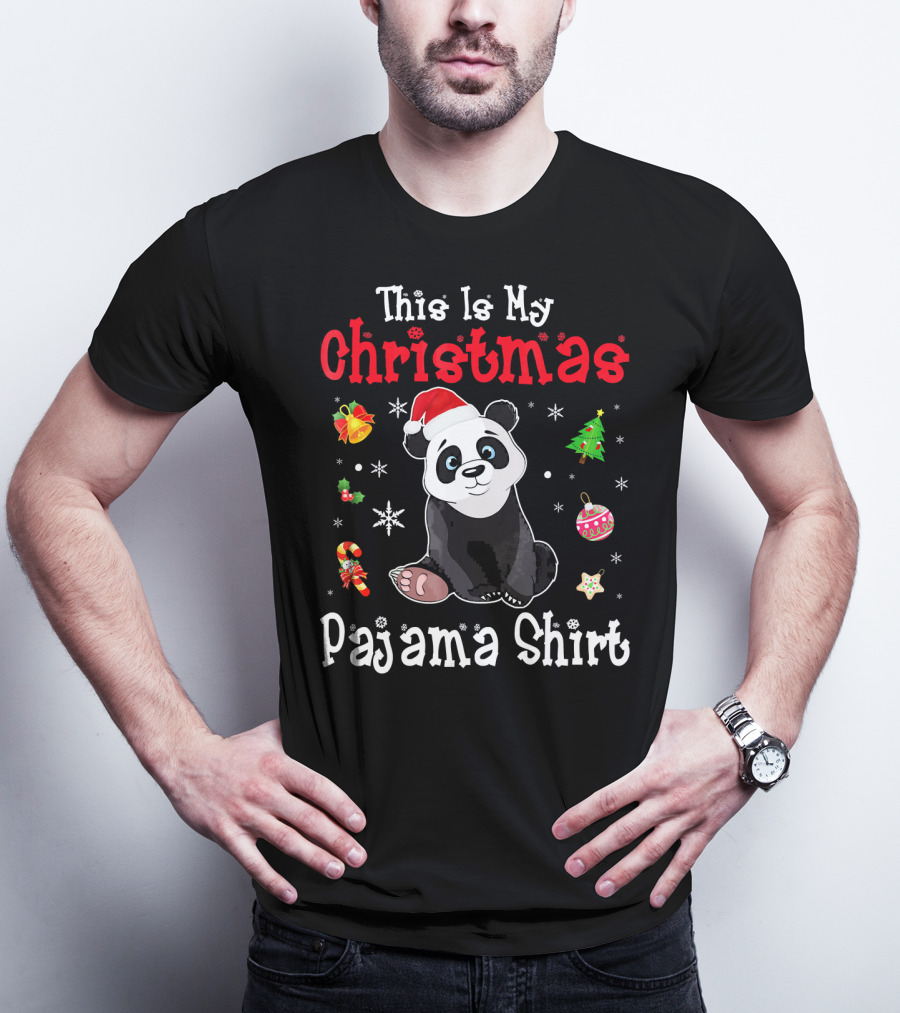 This Is My Christmas Pajama Shirt Panda Santa Hat Snowflakes Ornaments T-Shirt