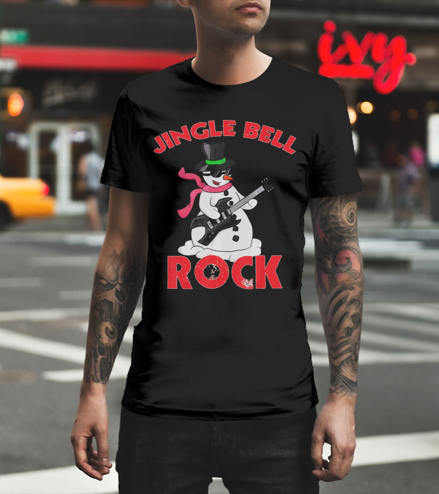 Jingle Bell Rock Snowman Playing Guitar With Top Hat And Scarf T-Shirt