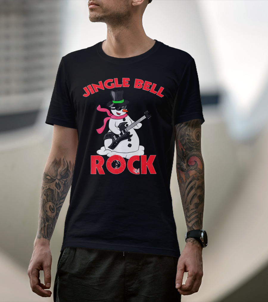 Jingle Bell Rock Snowman Playing Guitar With Top Hat And Scarf T-Shirt