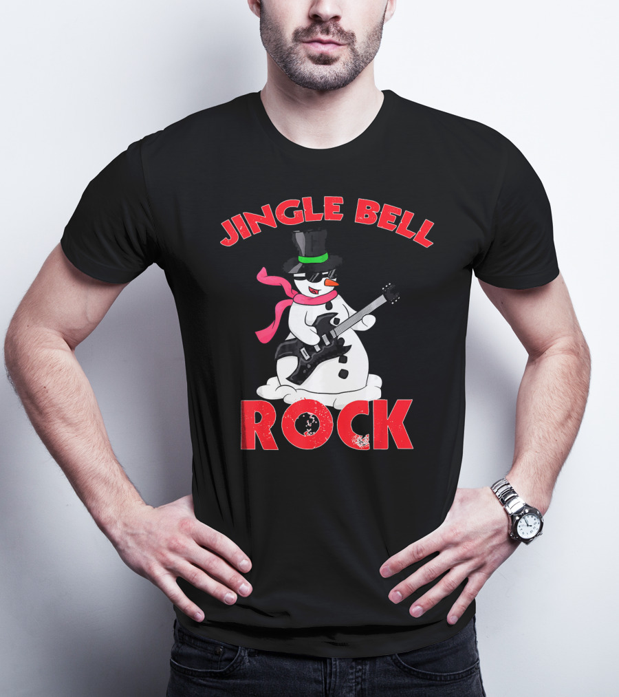 Jingle Bell Rock Snowman Playing Guitar With Top Hat And Scarf T-Shirt