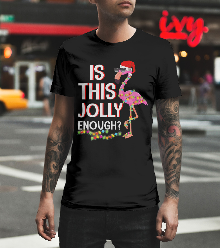 Is This Jolly Enough Flamingo Christmas Lights Santa Hat Sunglasses T-Shirt